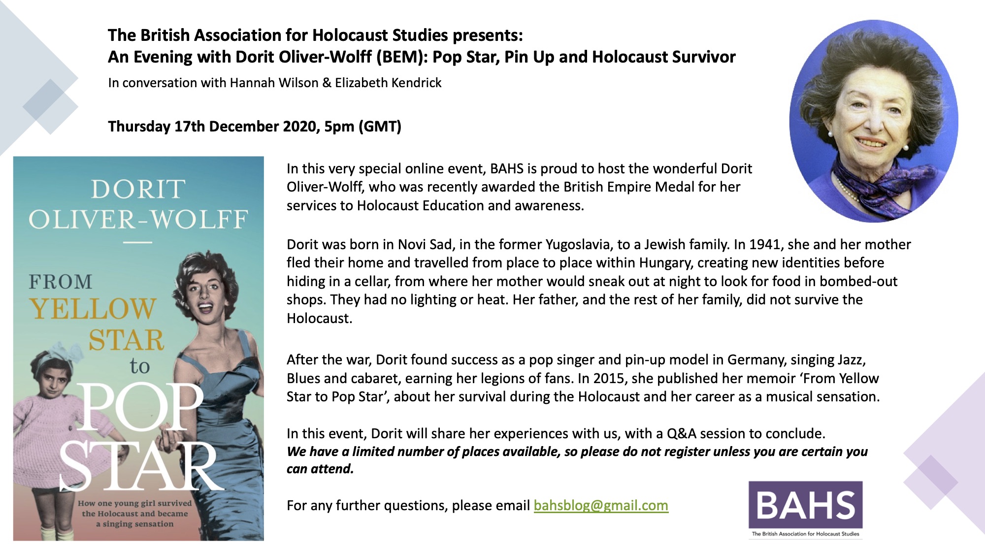 An Evening with Dorit Oliver-Wolff (BEM): Pop Star, Pin Up and ...